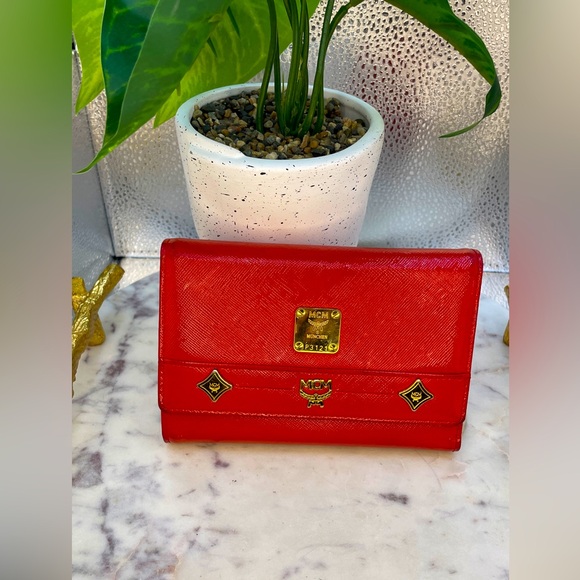 MCM | Bags | Authentic Mcm Red Med Leather Studded Logo Motifs Trifold ...